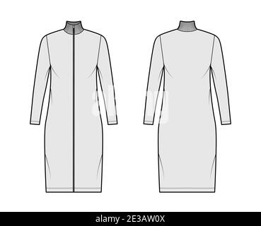 Back zip-up oversized dress technical fashion illustration with round ...