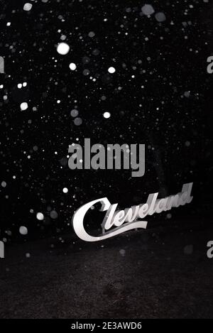 cleveland script sign during snow storm Stock Photo - Alamy