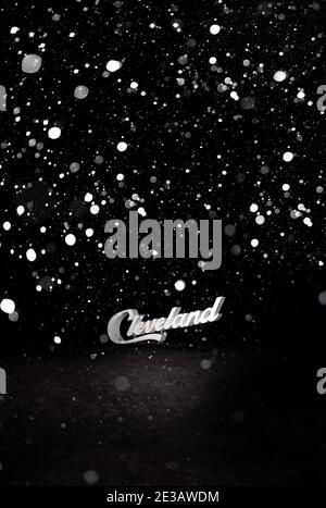 cleveland script sign during snow storm Stock Photo - Alamy
