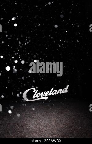 cleveland script sign during snow storm Stock Photo - Alamy