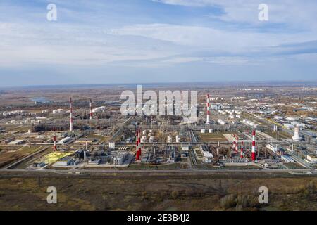 Oil and gas refinery large facility. Pipes and large tanks for oil ...