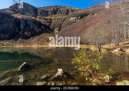 Sunny winter landscape of Lago Santo Parmense and Mariotti refuge. LAGO ...