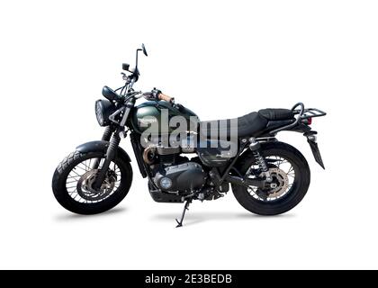A side on view of a black Triumph Speed Triple motorcycle parked up on ...