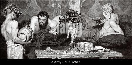 Banquet of food feast in Ancient Greece. Old 19th century engraved ...