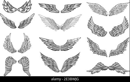 Doodle angel wings set. Contour wing icons. Angels and bird symbols ...