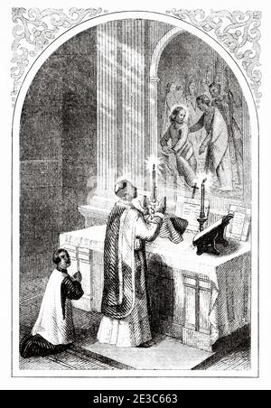 Kyrie eleison ceremony at the holy mass of the Catholic Church. Old XIX ...