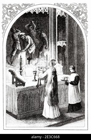 Offertory ceremony at the Holy Mass of the Catholic Church. Old XIX ...