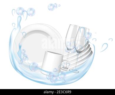 Clean dishes. White plates, water and soap bubbles vector illustration ...
