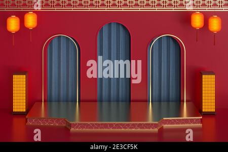Empty stage with red Chinese style background, 3d rendering. Computer ...