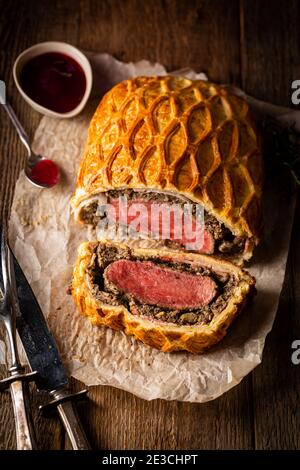 Perfect homemade juicy Beef Wellington, tenderloin dish, top view Stock ...