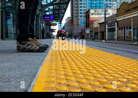 Please stand behind the yellow line safety sign on a Sydney Trains ...
