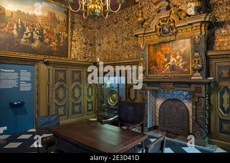Gold leather hangings and panelling of 17th century town hall treasury ...