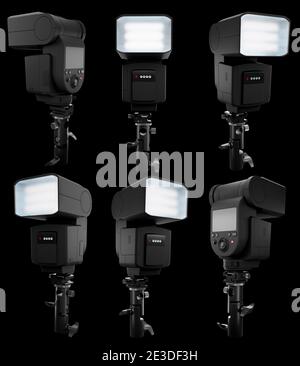 Camera external flash speedlight on stand isolated on white background ...
