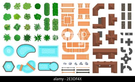 Top view park items. Garden walkway, outdoor relaxing parks furniture ...