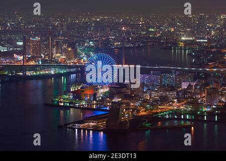 Osaka sea port at Osaka Bay, aerial view of cranes and containers ...
