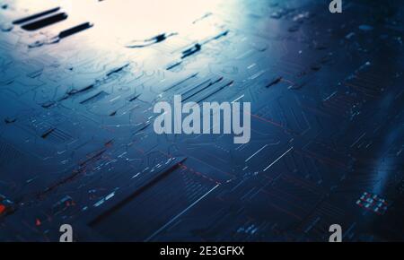 Closeup blue circuit PCB module board of spaceship microchip in sci-fi ...