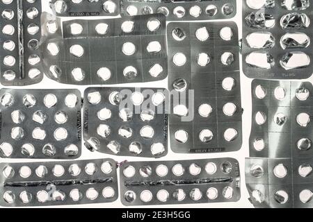Empty, used medicine packaging, pills, tablets Stock Photo - Alamy