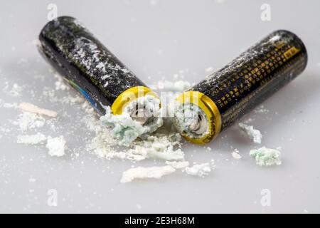 Leaked batteries, AA batteries, oxidised, leaked potassium carbonate ...