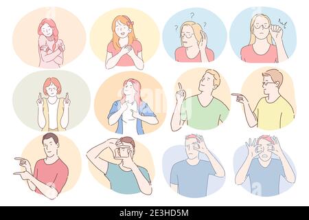 Body language, negative emotions concept. Characters show refuse ...