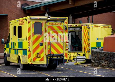 Ambulances queued at the entrance to Causeway Hospital's Accident and Emergency department in ...