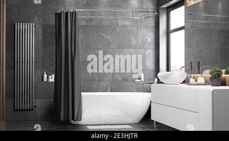 black and white bathroom with shower curtain mockup 3d rendering Stock ...