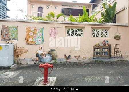 Street art murals by Yip Yew Chong, depicting a songbird market, in ...