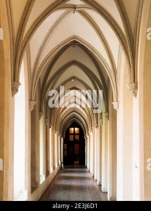 ancient medieval passage with stone vault and a small window closed by ...