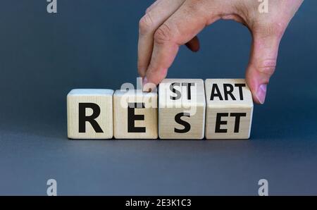 Rest and restart symbol. Businessman turns wooden cubes and changes the ...