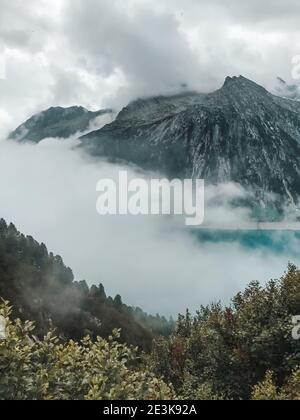 A vertical shot of a misty lake with green lotus leaves Stock Photo - Alamy