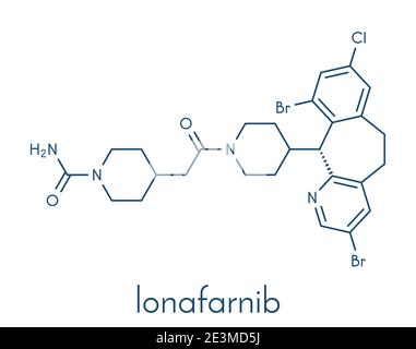 Lonafarnib drug molecule. Inhibitor of farnesyltransferase. Skeletal ...