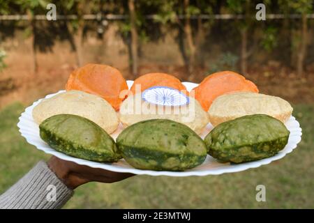 Female holding plate of tri color or tiranga Indian flag food depicted ...