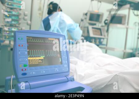 ECG trace in heart attack. Yellow electrocardio- graph (ECG) trace ...