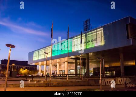 Imposing Museum of Contemporary Art lit at night, Zagreb, Croatia Stock ...