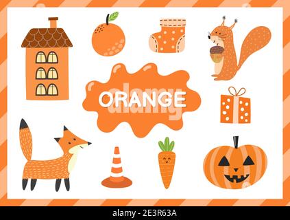 Orange color objects set. Learning colors for kids. Cute elements ...