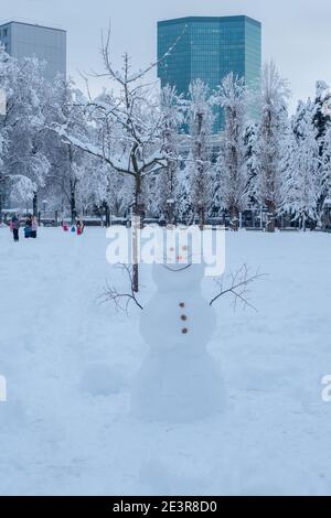 Intense snowfall in Zurich, Switzerland: Snowmen in the park Josefwiese ...