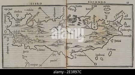 The 1547 map of Crete by Benedetto Bordone provides a detailed ...