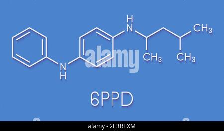 6PPD rubber additive molecule. Toxic to salmon. 3D rendering Stock ...