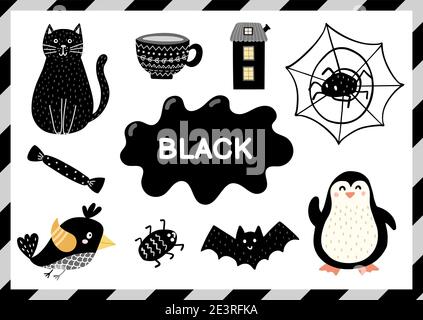 Black color objects set. Learning colors for kids. Cute elements ...