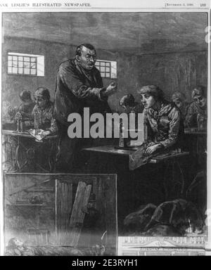 Man (boss) waiving his fist at female employee in a sweatshop (clothing ...