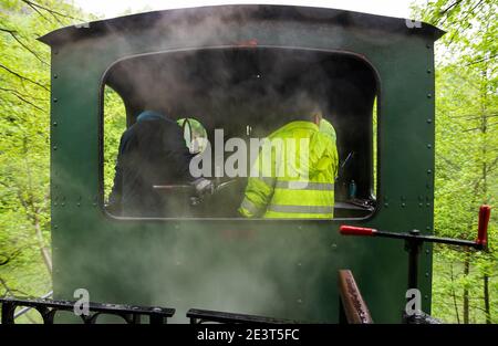 Steam train driver and fireman during their work. Back view. Closeup of ...