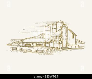 Hills and mountains landscape, house farm in flat style design. Outdoor ...