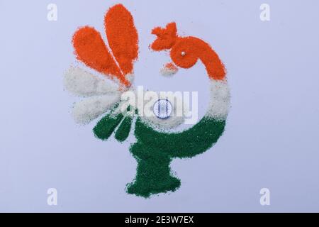 Tri color rangoli of Peacock design drawn and coloured on the occasion ...