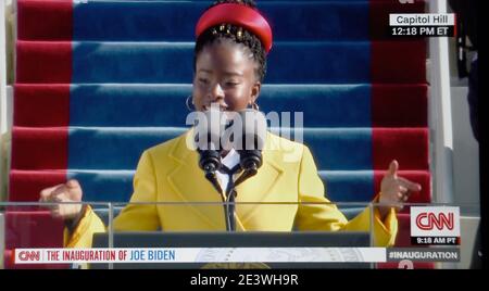 A CNN TV screen shot of Amanda Gorman, the first U.S. youth poet ...