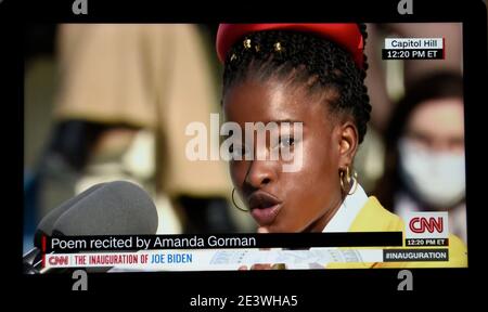 A CNN TV screen shot of Amanda Gorman, the first U.S. youth poet ...