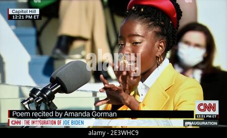 A CNN TV screen shot of Amanda Gorman, the first U.S. youth poet ...