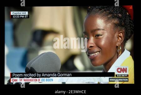 A CNN TV screen shot of Amanda Gorman, the first U.S. youth poet ...