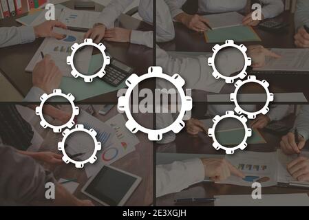Manufacturing process concept illustrated by pictures on background ...