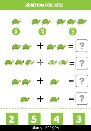 Math game worksheet cartoon turtle characters on tropical island ...