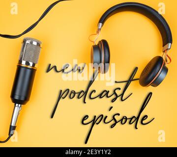 Podcast new episode concept with microphone Stock Photo - Alamy