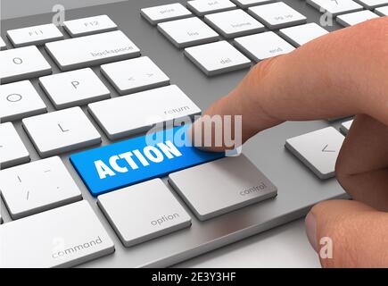 pushing action button key concept 3d illustration Stock Photo - Alamy